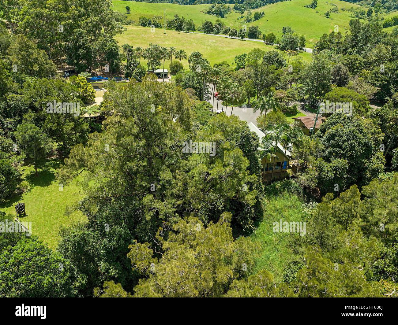 Drone aerial of resort buildings in Eungella national park, Queensland ...