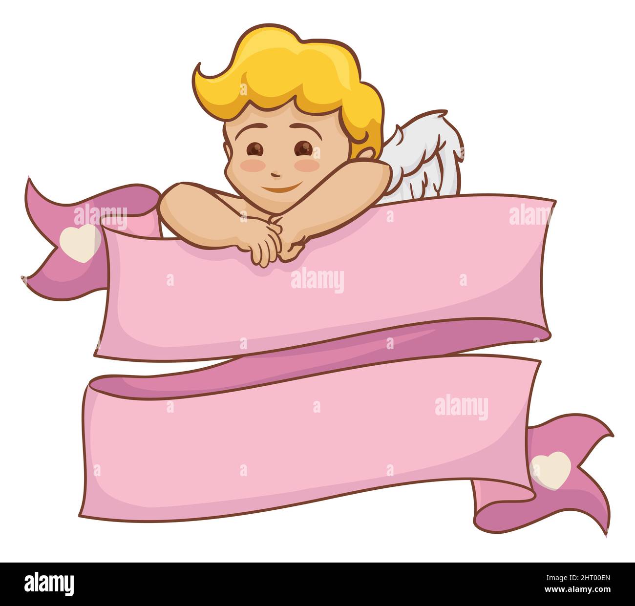 Happy, blond Cupid holding a curled pink ribbon template in cartoon ...