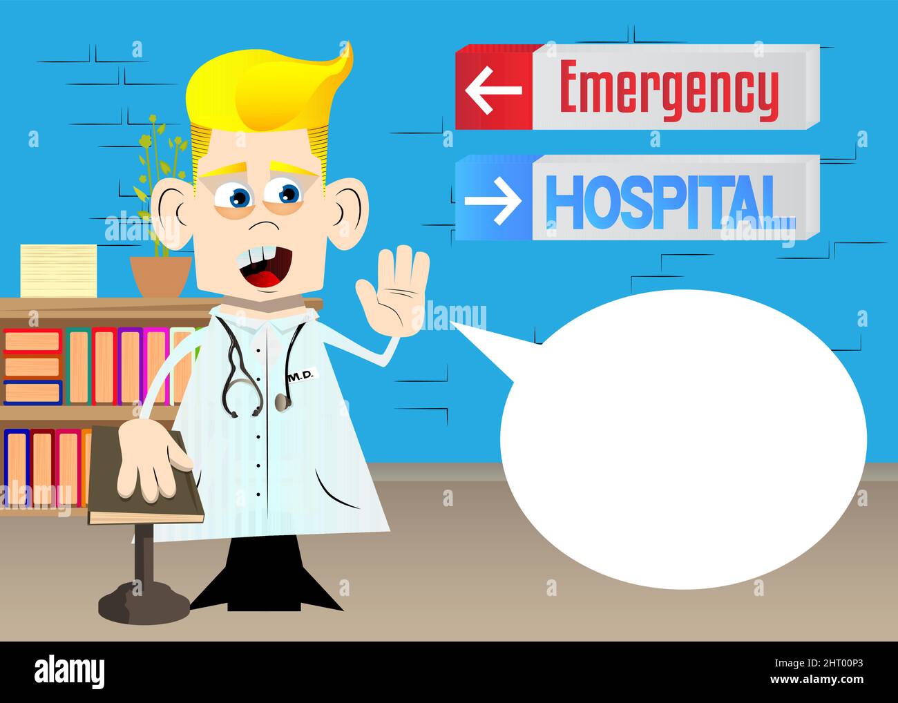 Funny cartoon doctor raising his hand and put the other on a holy book ...