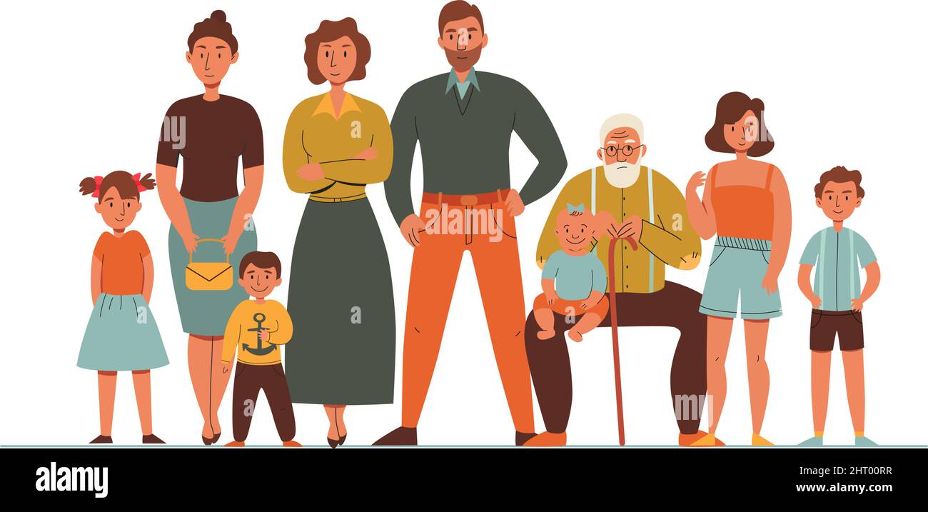 Generations family composition with flat cartoon style characters of ...