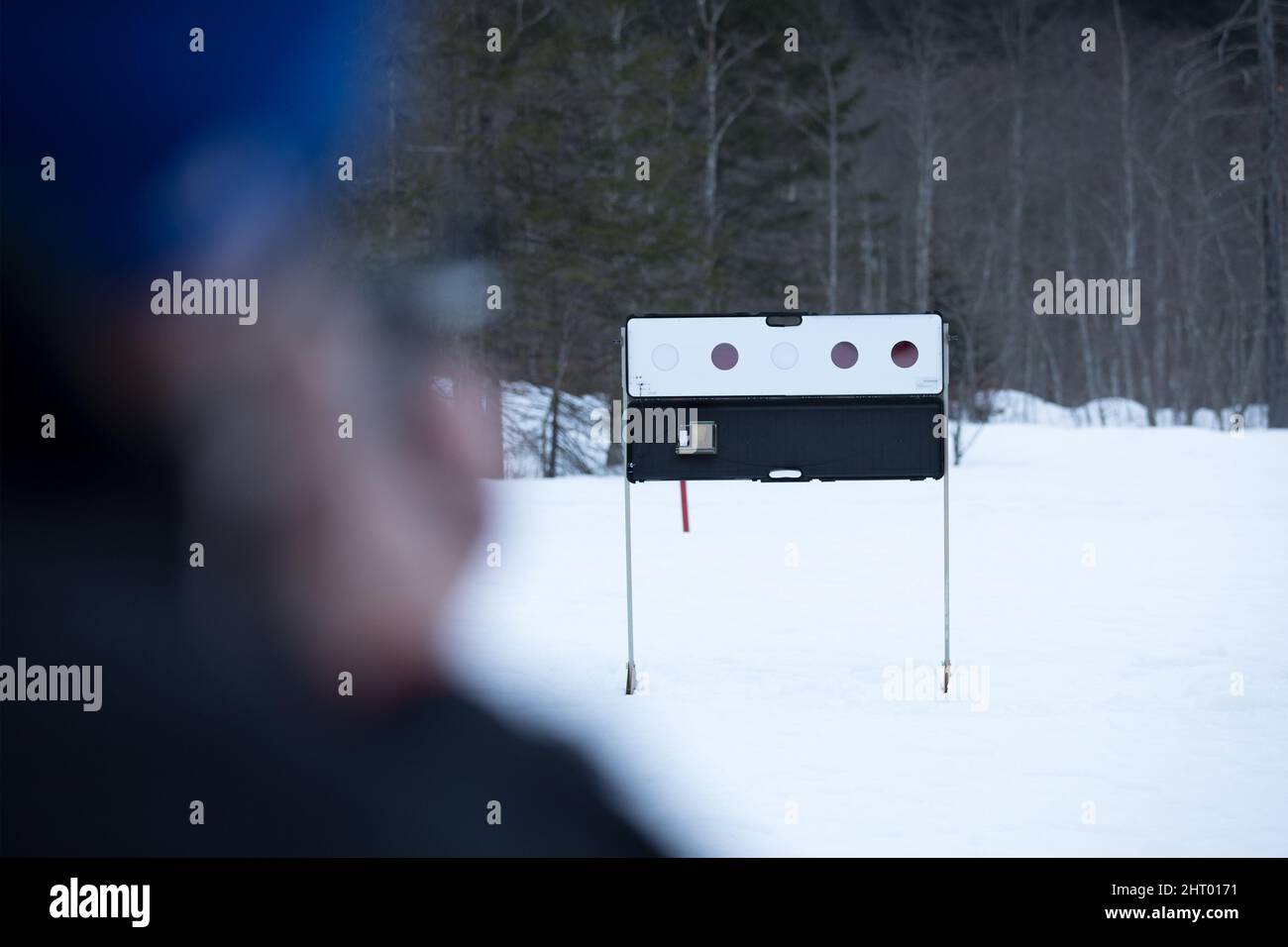 Shallow blurred back shot of a man shooting during the Biathlon ...