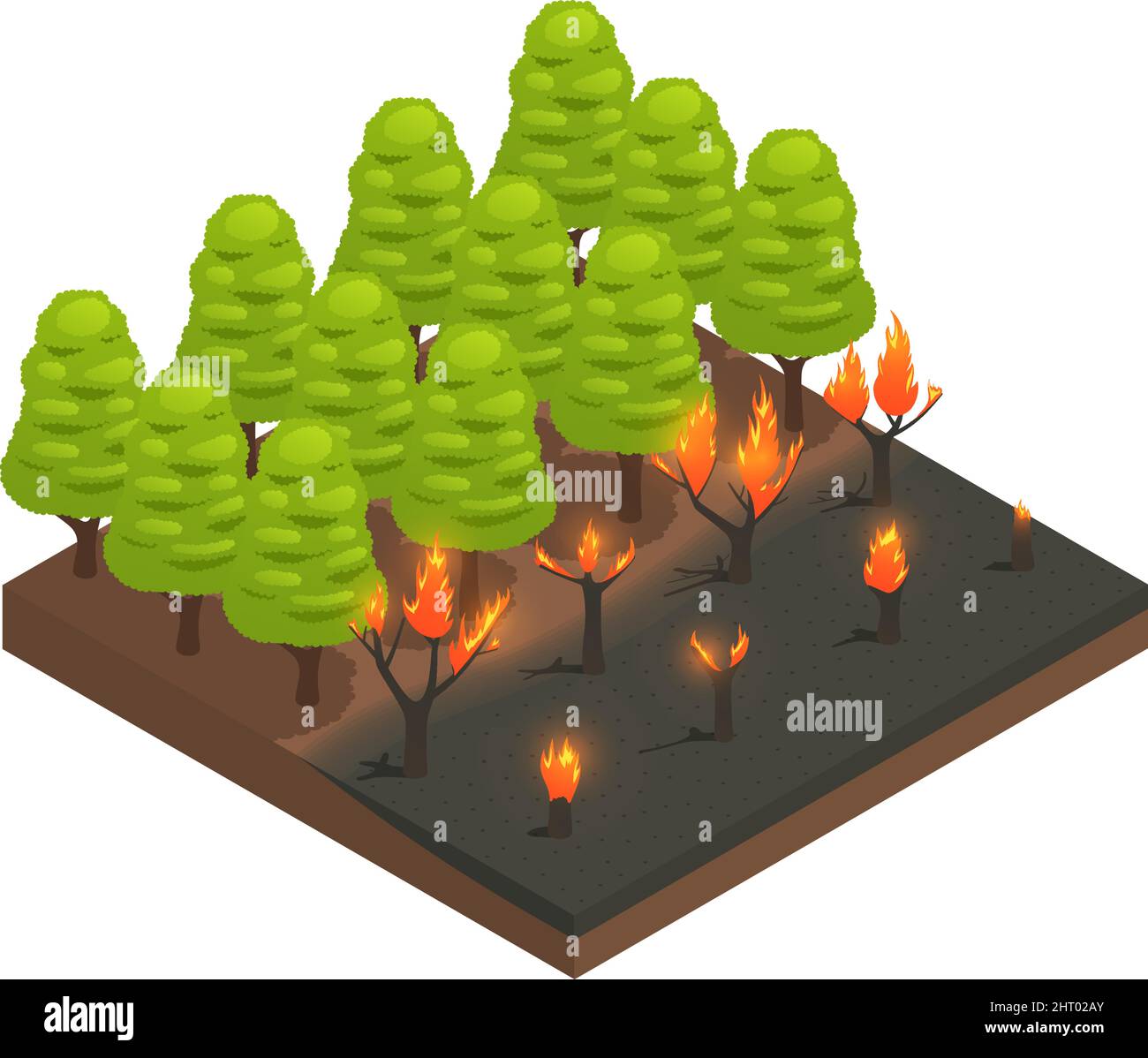 Natural disaster isometric composition with view of burning forest ...