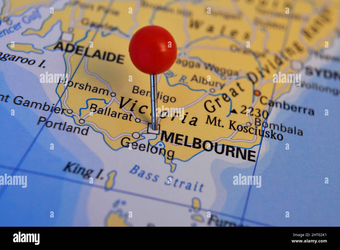 Pin marked capital Melbourne on map, Australia Stock Photo - Alamy