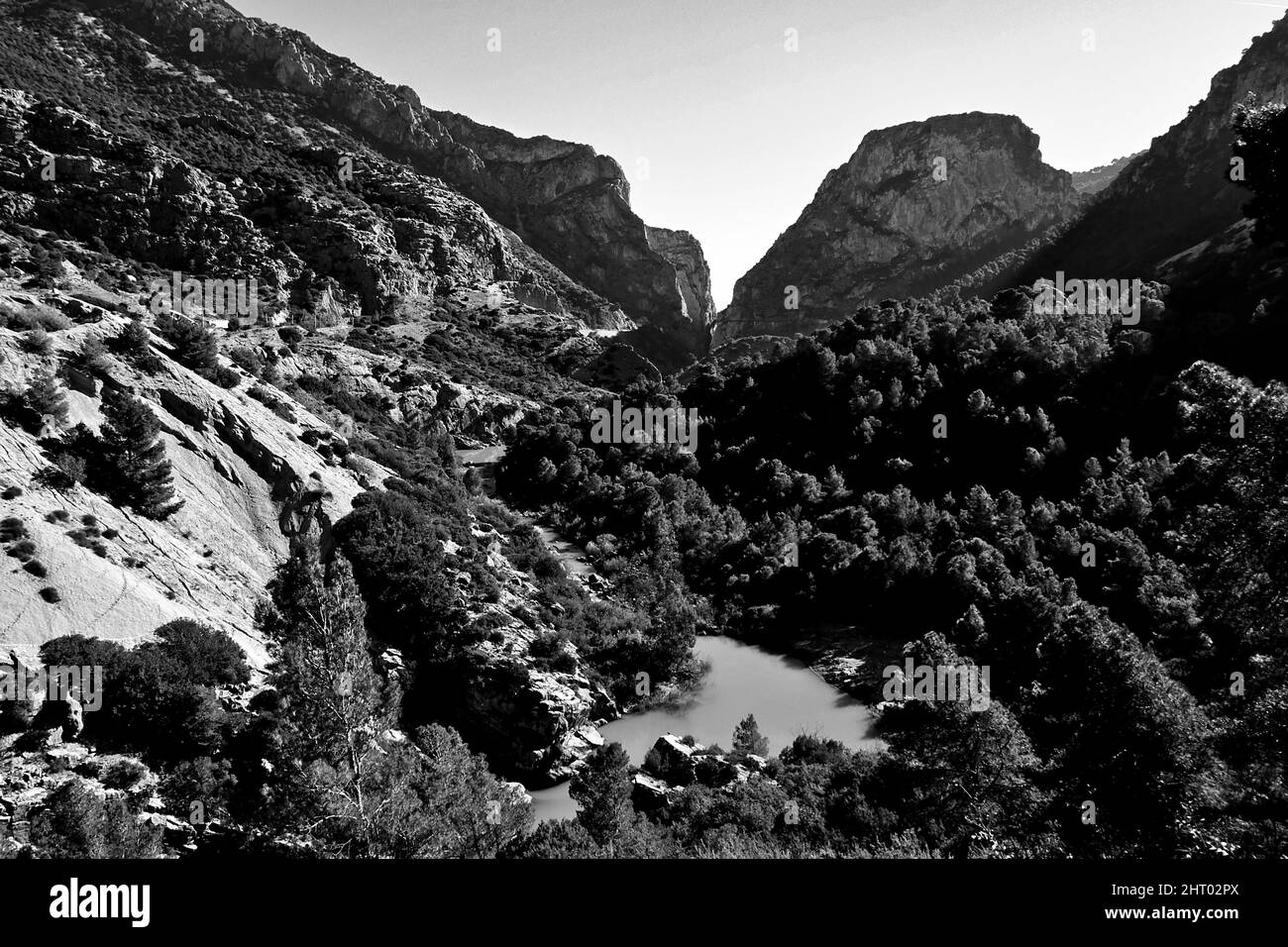 Grayscale of a river in the valley between mountains in Spain Stock ...