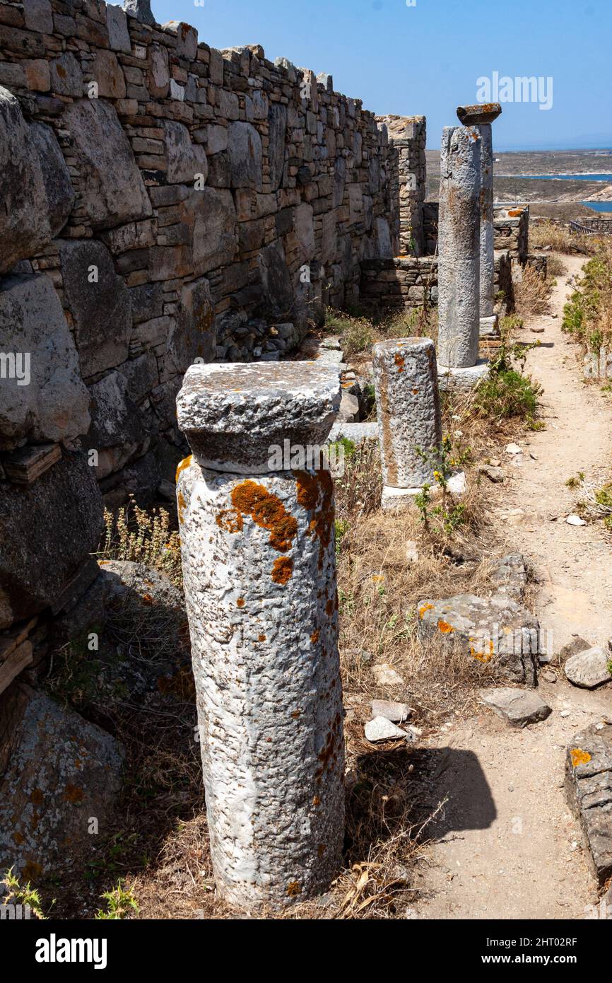 Vertical shot of the Greek ruins of the archaeological site of Delos ...