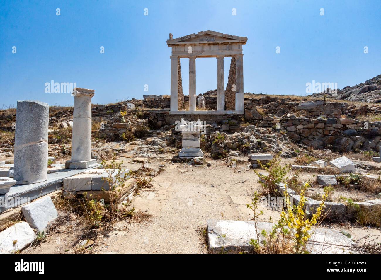 Daylight shot of the Greek ruins of the archaeological site of Delos ...