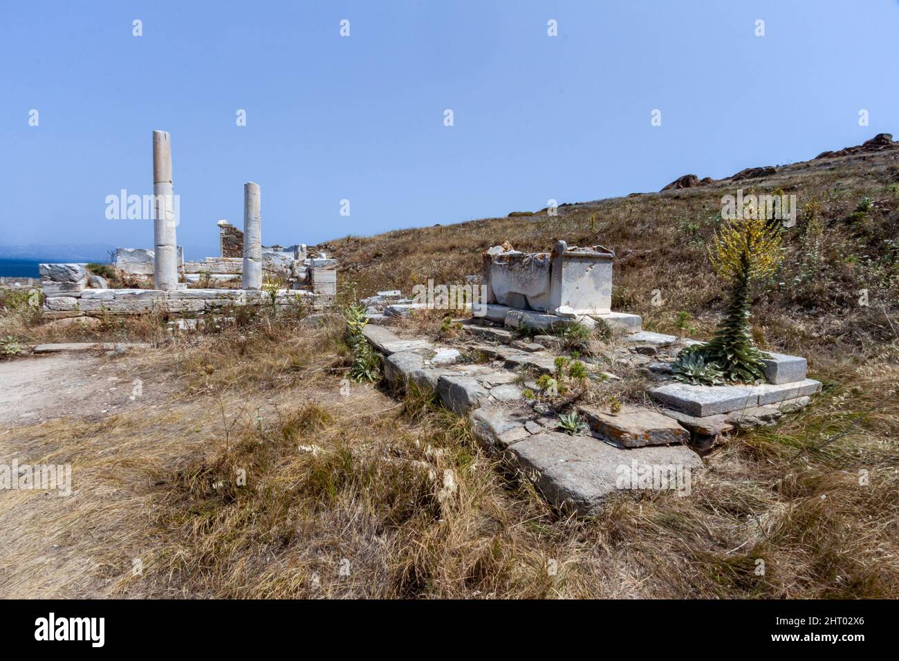 Daylight shot of the Greek ruins of the archaeological site of Delos ...