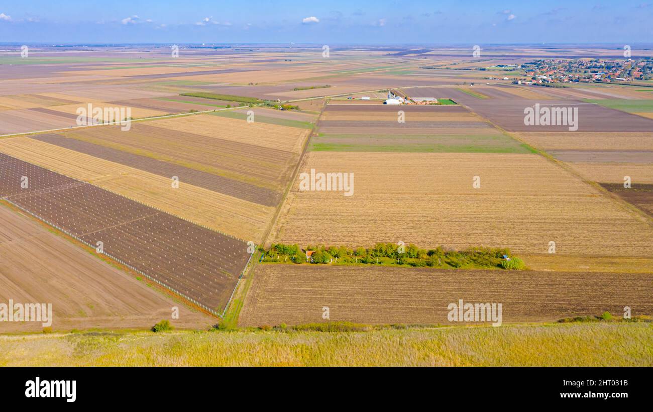 Above view on agricultural fields, after harvest, empty cultivated ...