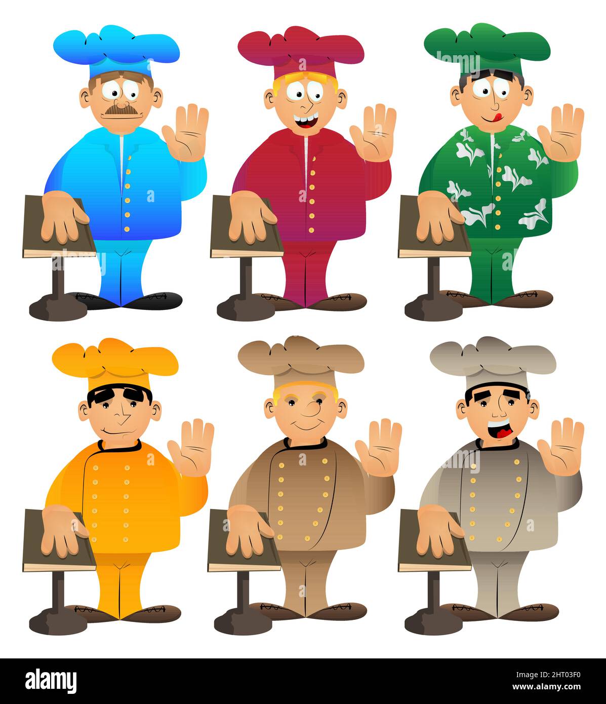Fat male cartoon chef in uniform raising his hand and put the other on ...