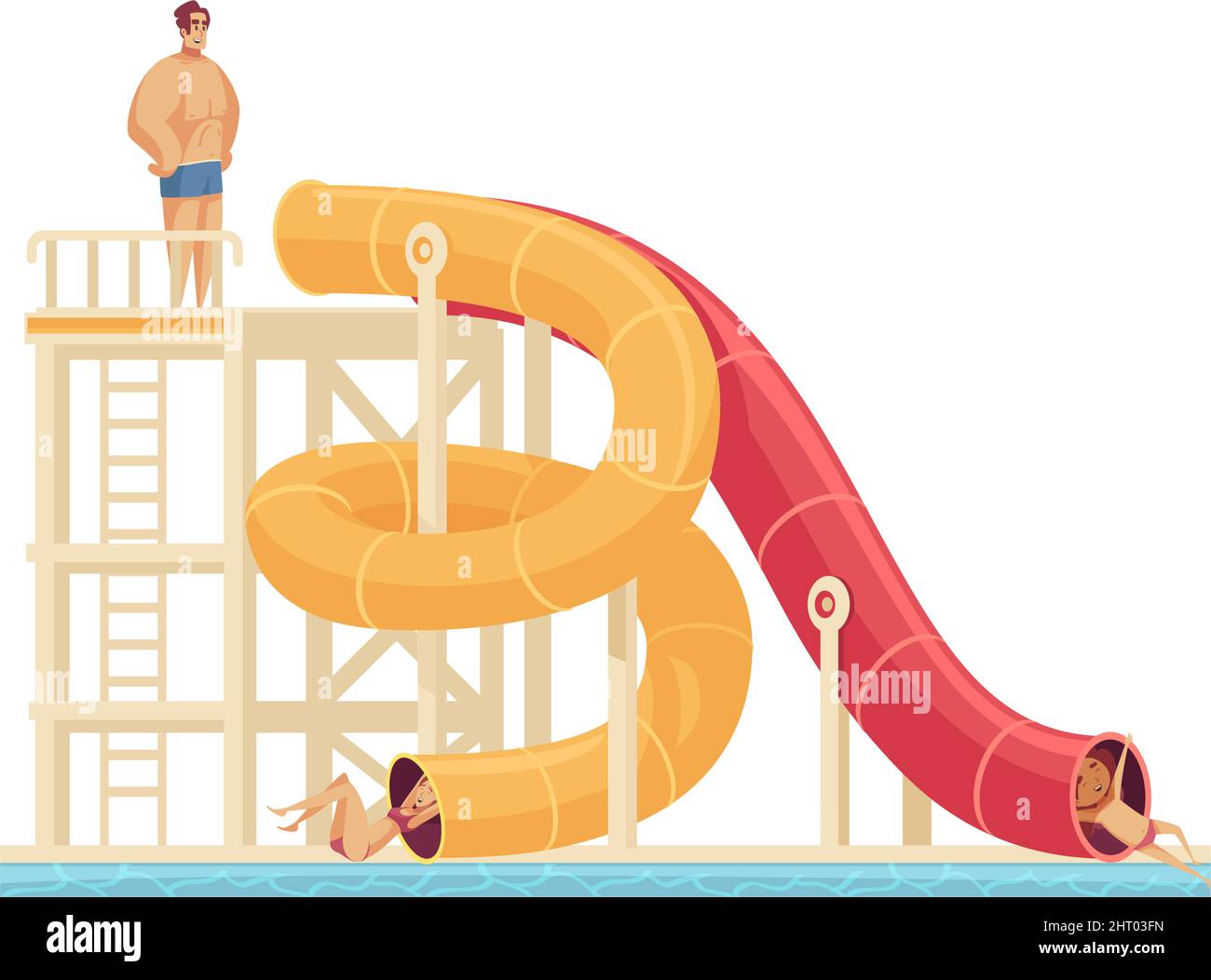 Aqua park visitors enjoying attractions comic cartoon composition with ...