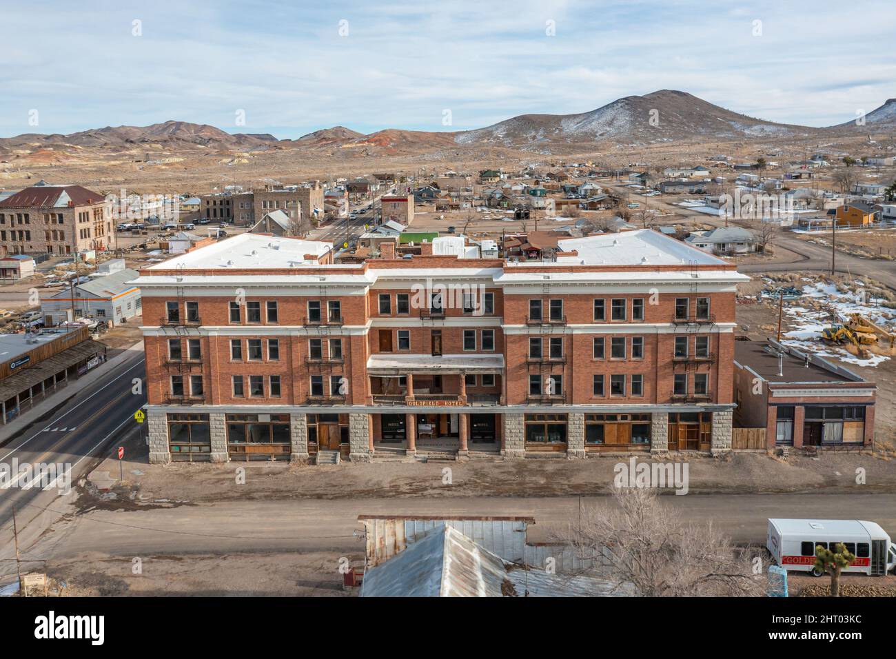 Aerial view of the historic Goldfield Hotel Stock Photo - Alamy