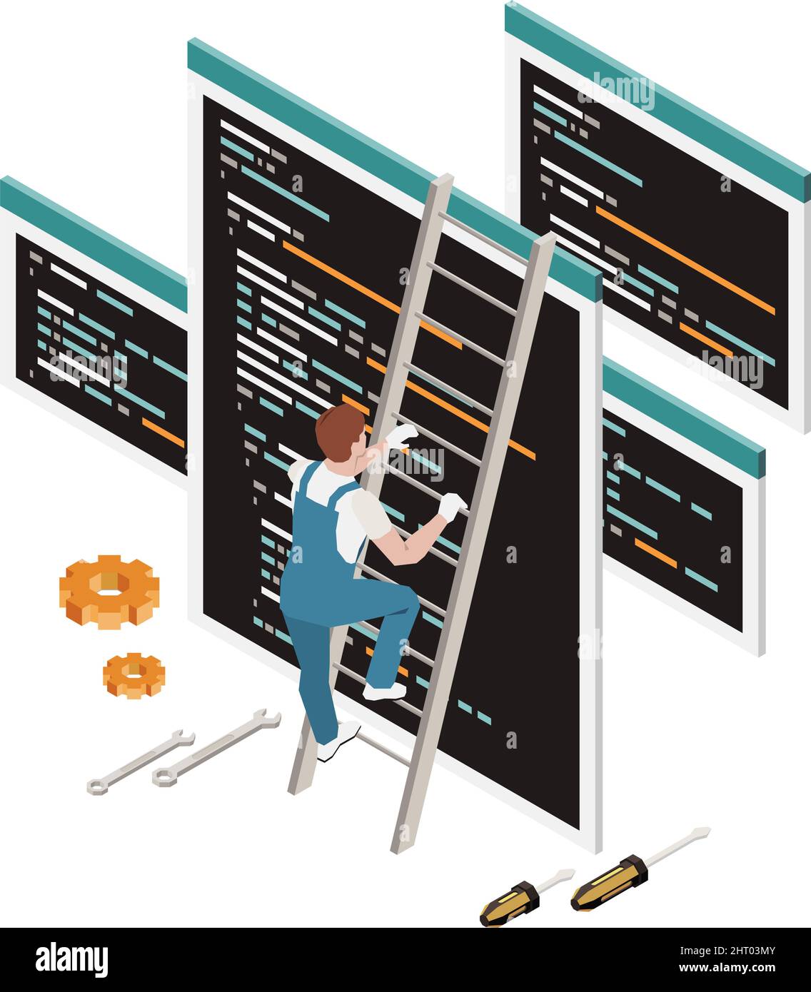 Programming development isometric composition with character of programmer on ladder with gear ...