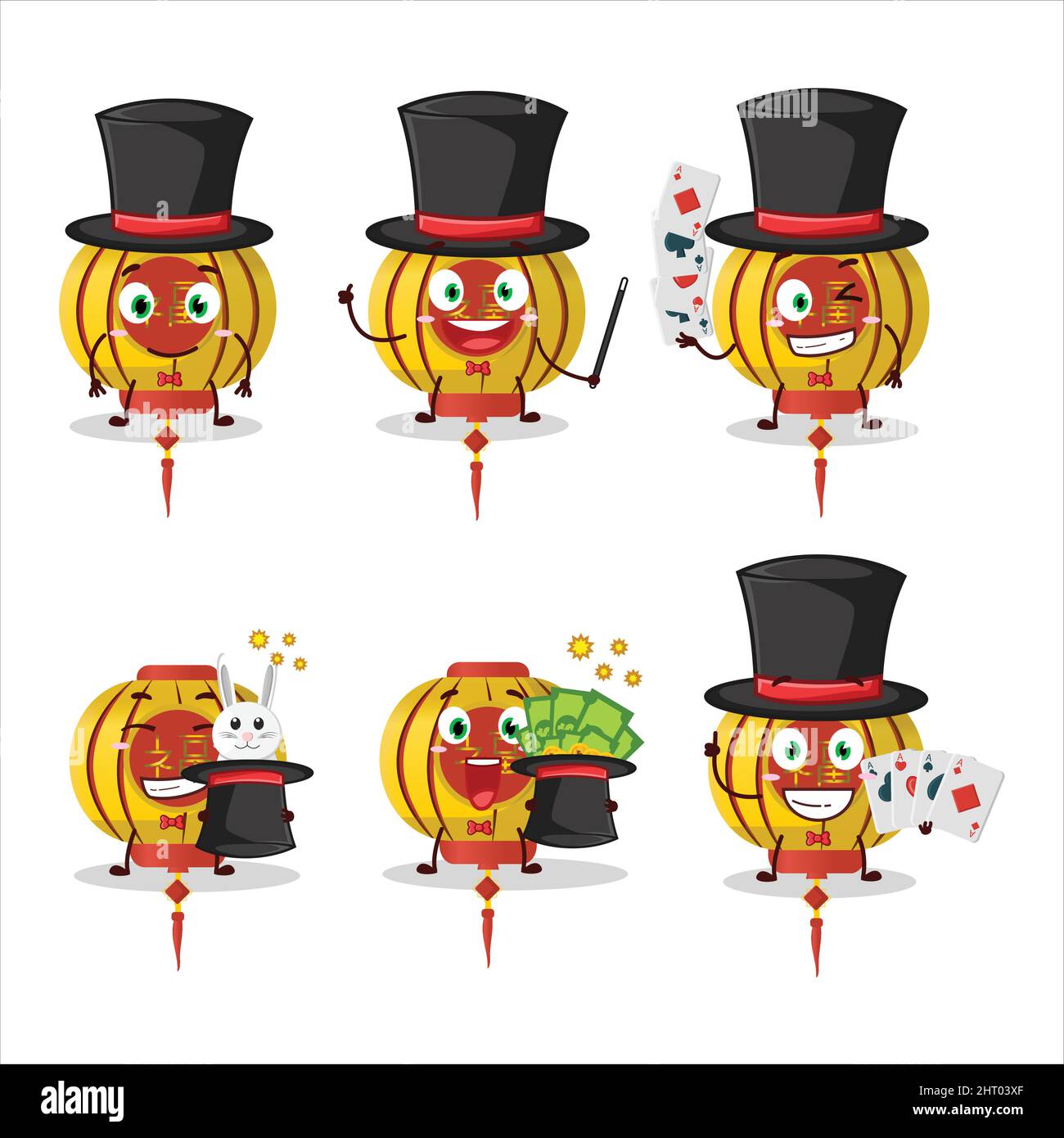 A yellow chinese lamp Magician cartoon character perform on a stage ...