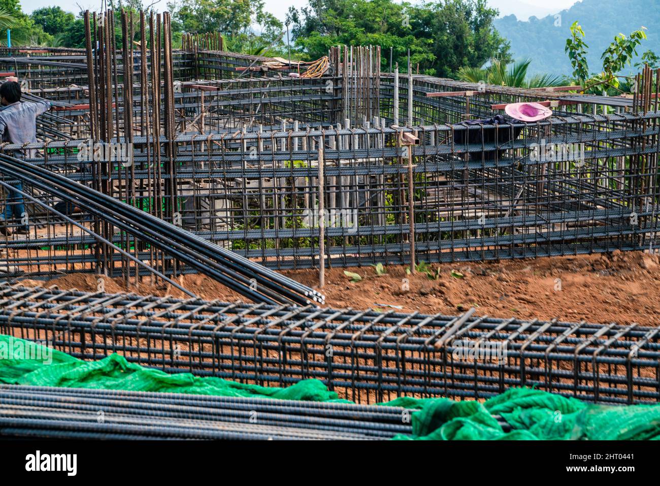 Iron RB ground beam in building construction site working Stock Photo ...