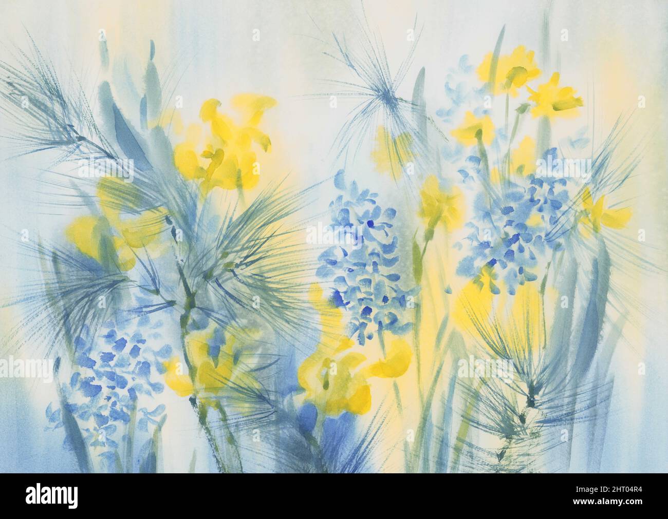 Blue and yellow spring flowers watercolor background Stock Photo - Alamy