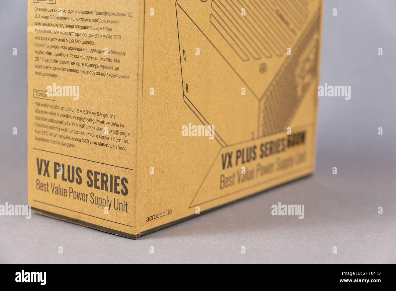 The new VX PLUS 600 aerocool desktop power supply. Brown cardboard box ...