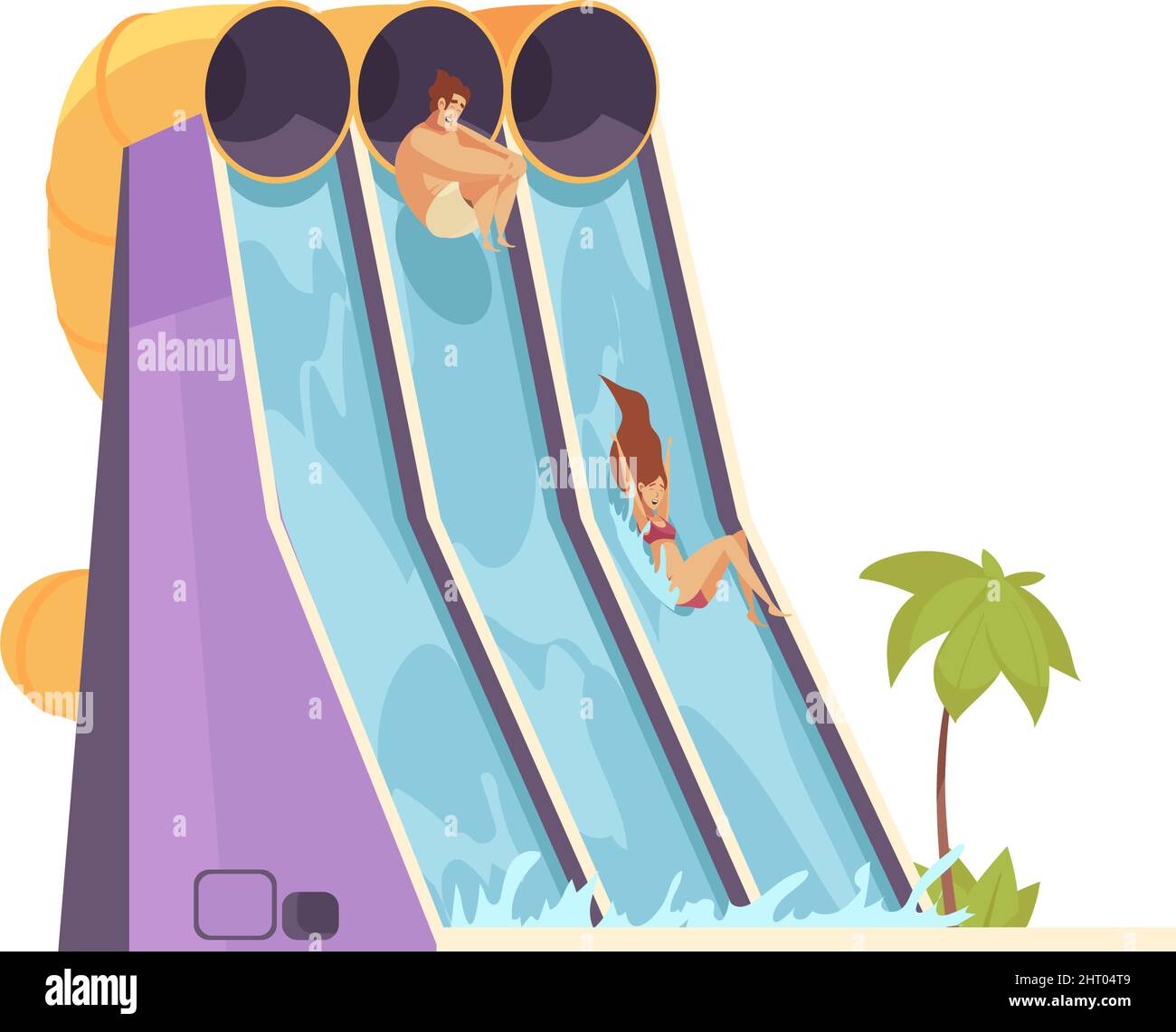 Aqua park visitors enjoying attractions comic cartoon composition with ...