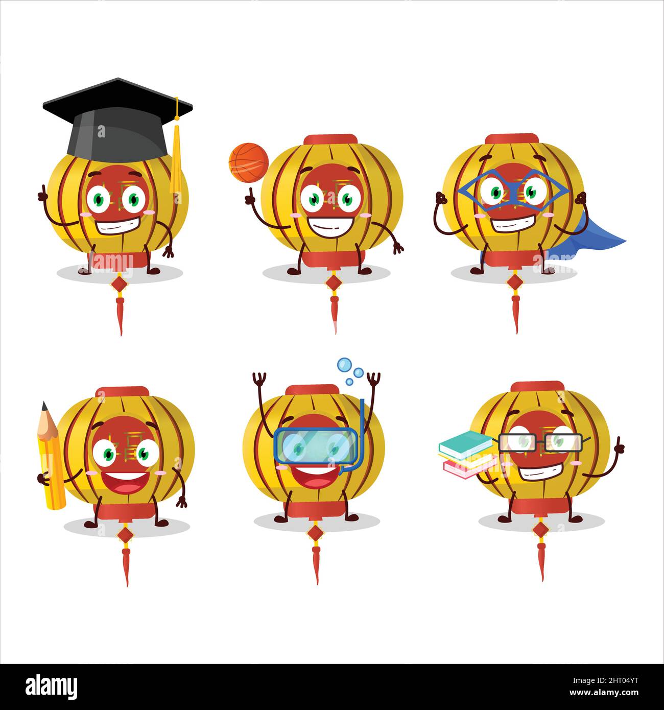 School student of yellow chinese lamp cartoon character with various ...