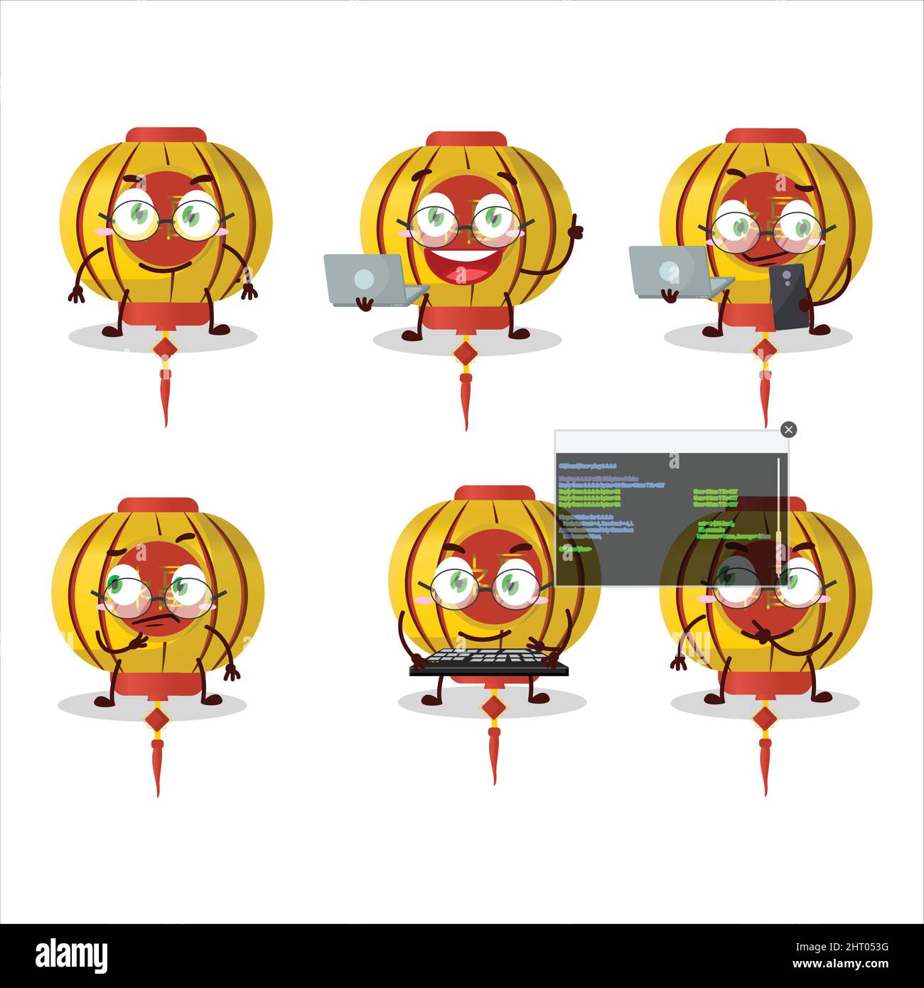 Yellow chinese lamp Programmer cute cartoon character with. Vector ...