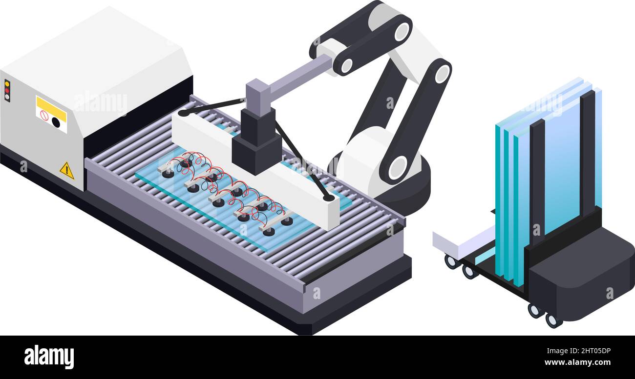 Glass production isometric icon with robotic conveyor line and forklift ...