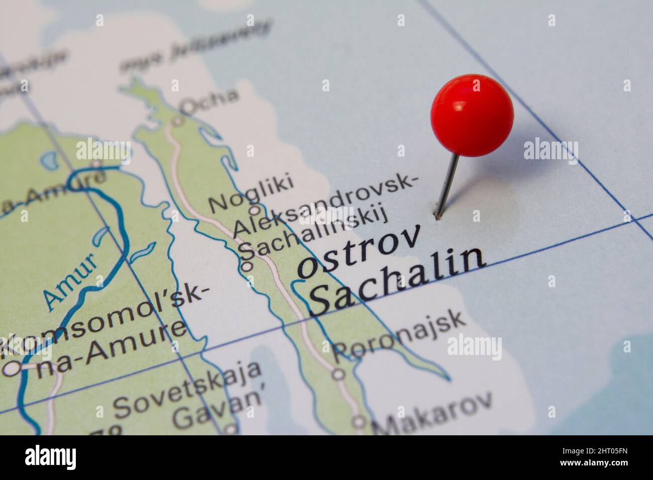 Ostrov Sachalin located on map with red pin, Russia Stock Photo - Alamy