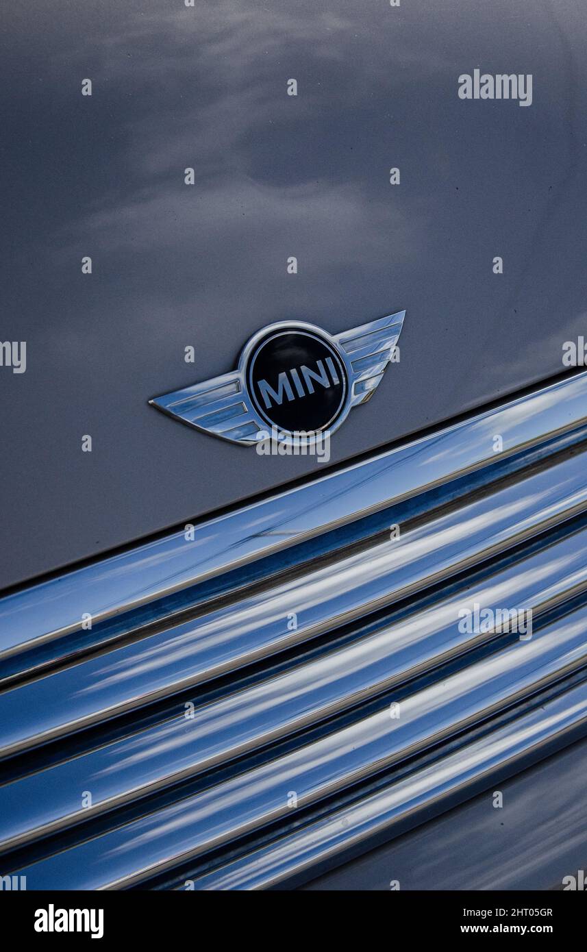 Vertical closeup shot of British made Mini Cooper car logo Stock Photo ...