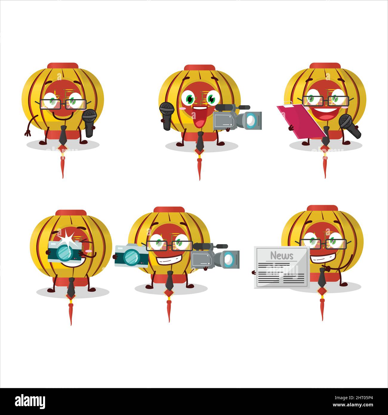 Character reporter yellow chinese lamp cute mascot with microphone ...