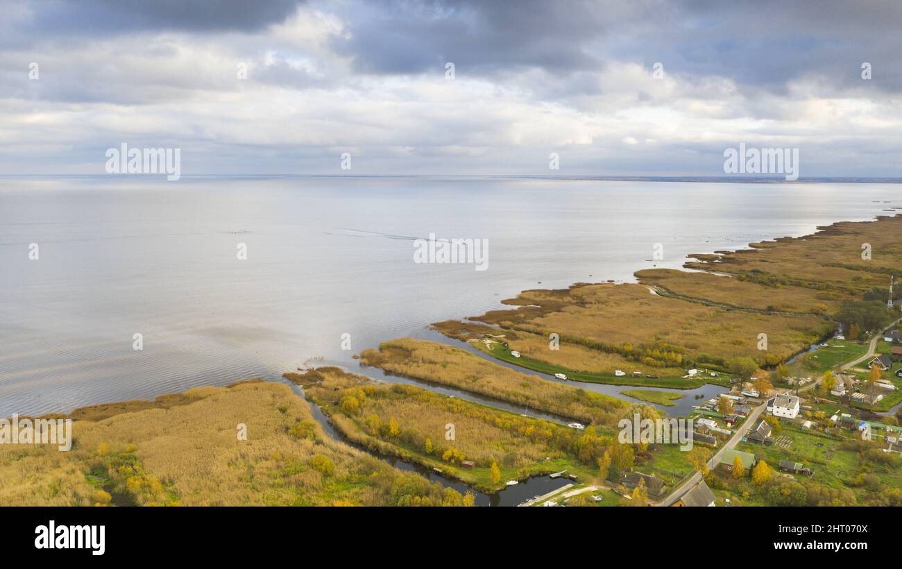 Aerial view of the autumn colored coastal zone of Lake Peipsi Stock ...