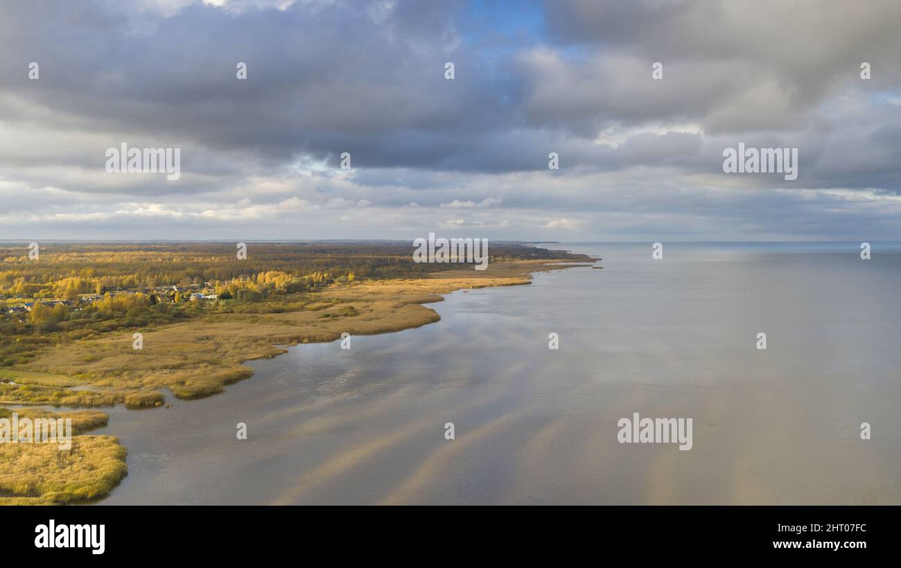 Aerial view of the autumn colored coastal zone of Lake Peipsi Stock ...