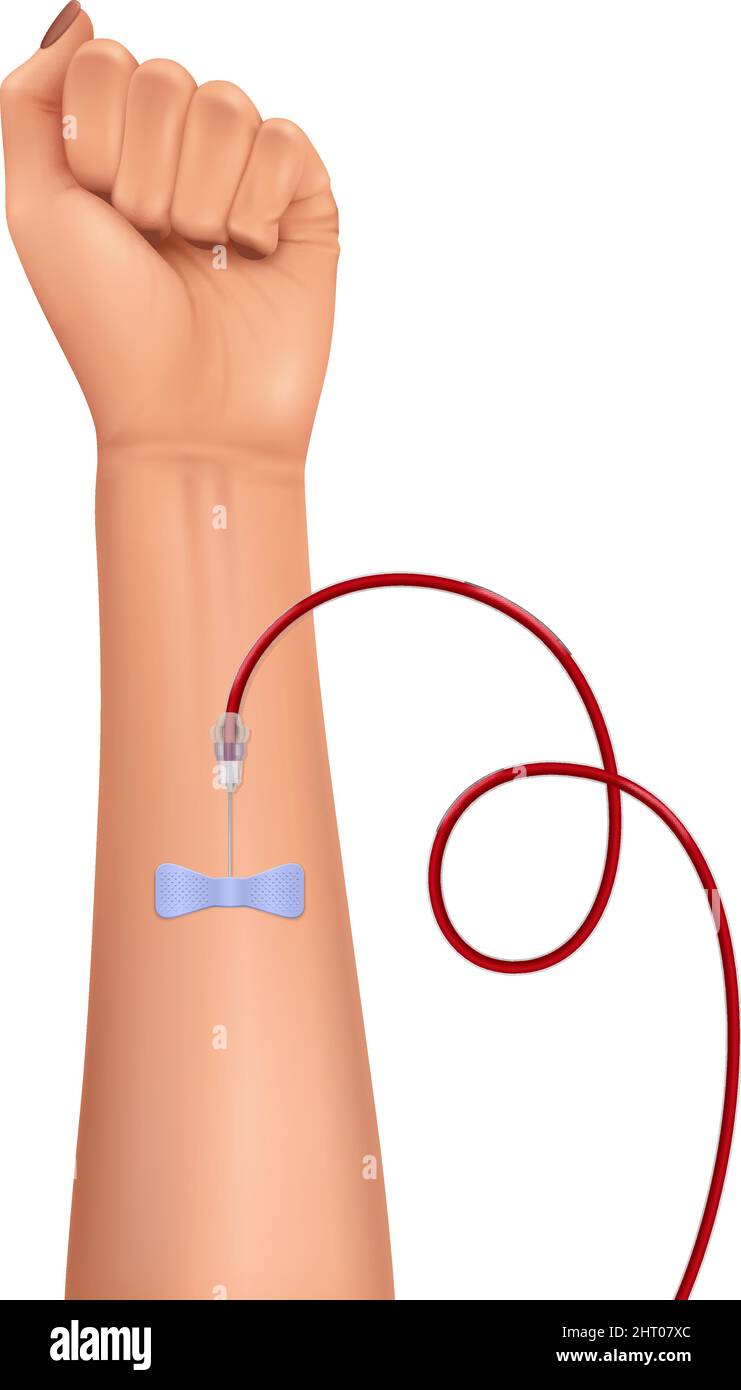Realistic blood donor vacuum tube composition with human hand with ...