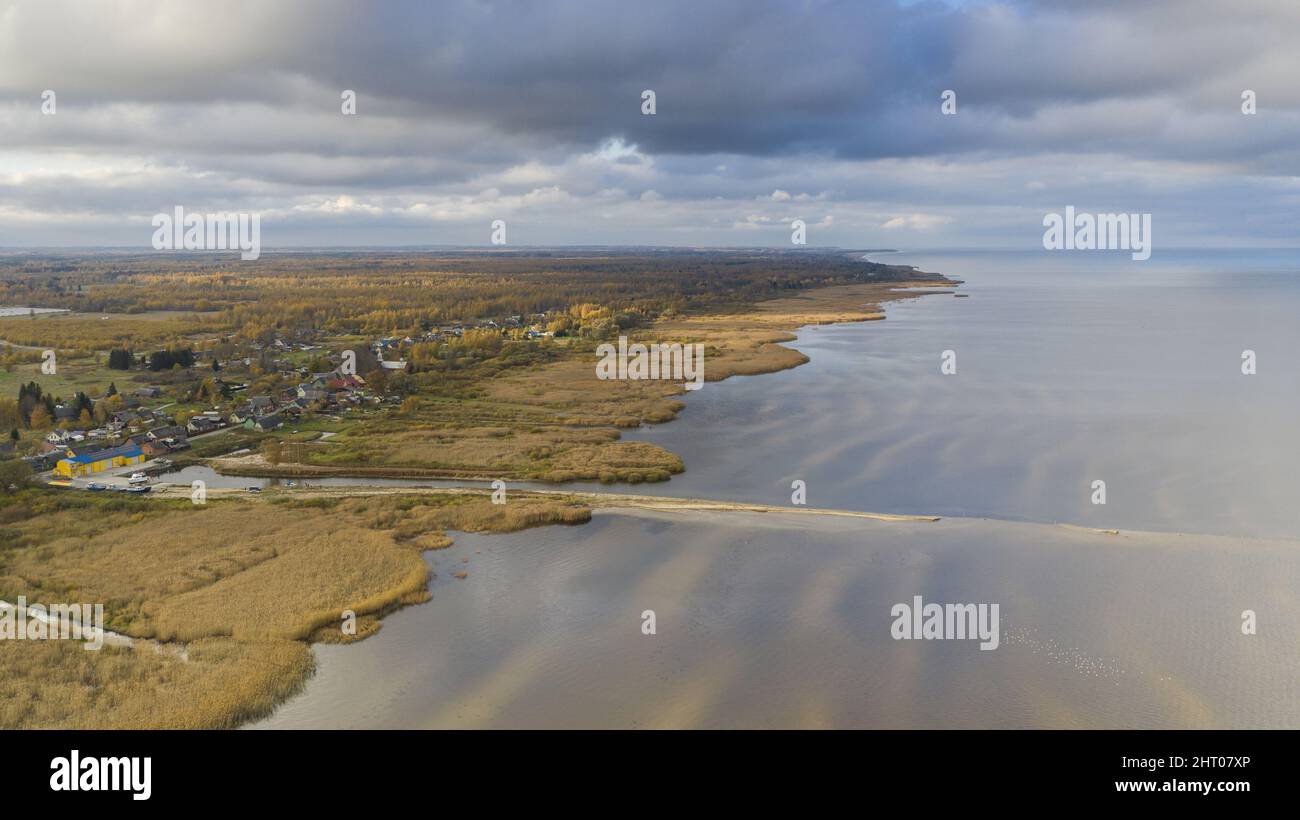 An aerial view of the autumn colored coastal zone of Lake Peipsi Stock ...