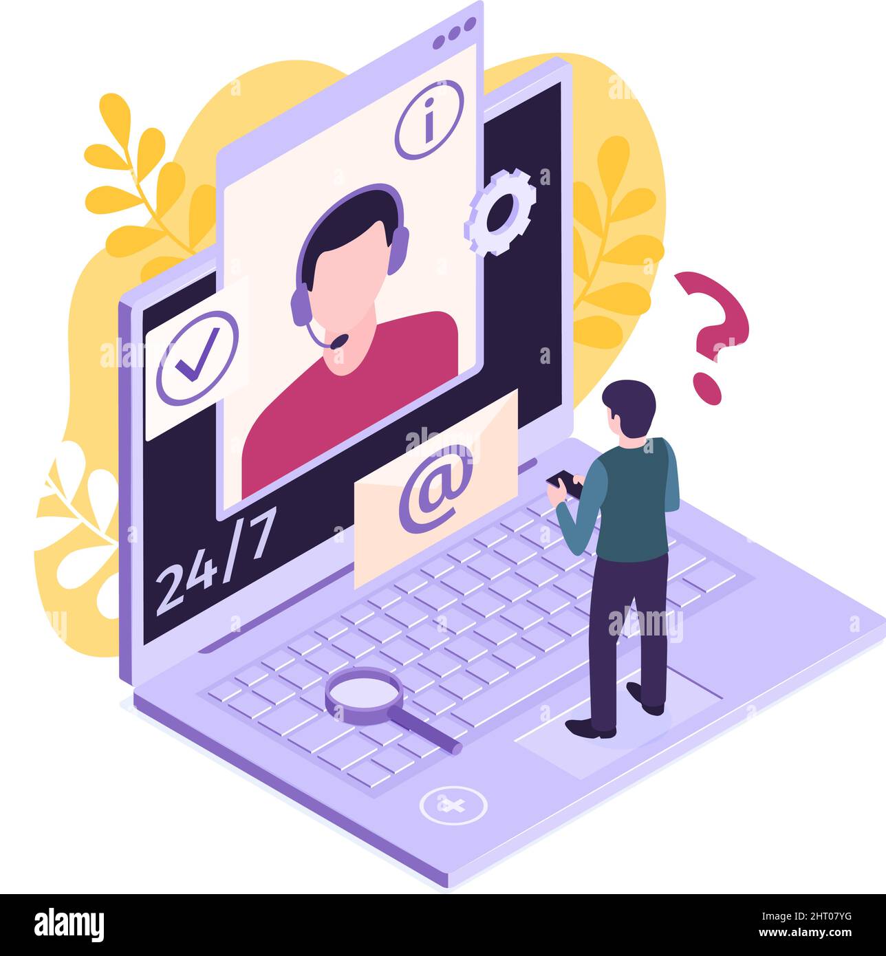 Isometric customer support faq composition with human character and ...