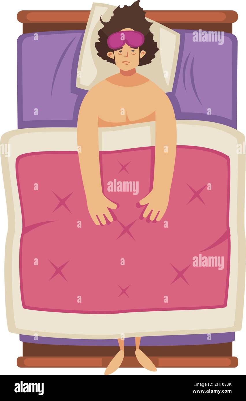 Sleep time composition with top view of sleepless man lying in bed with ...