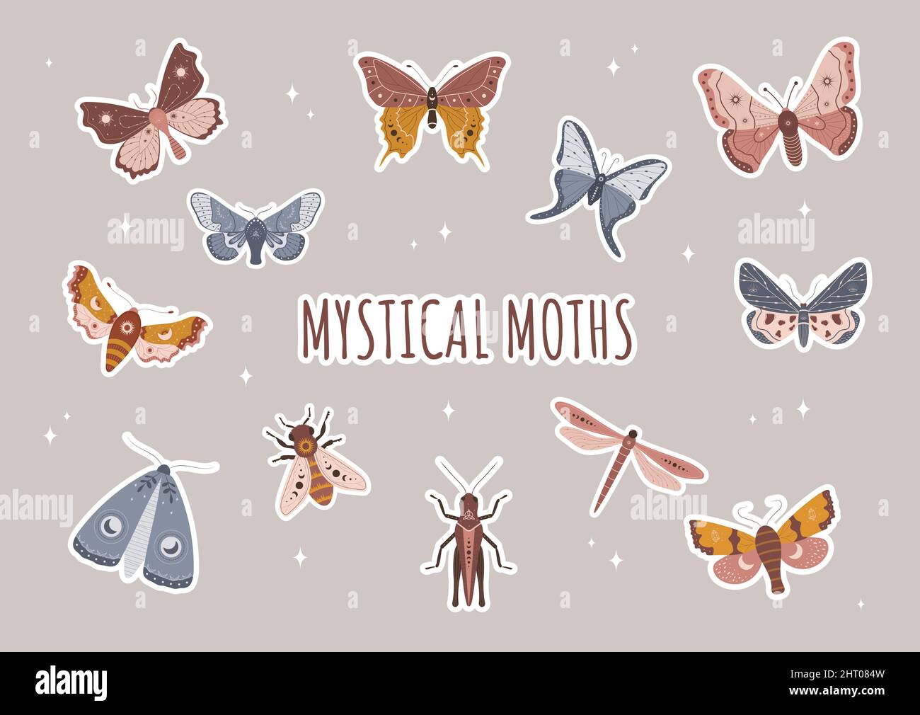Butterfly sticker collection in bohemian style. Cute hand drawn moth ...