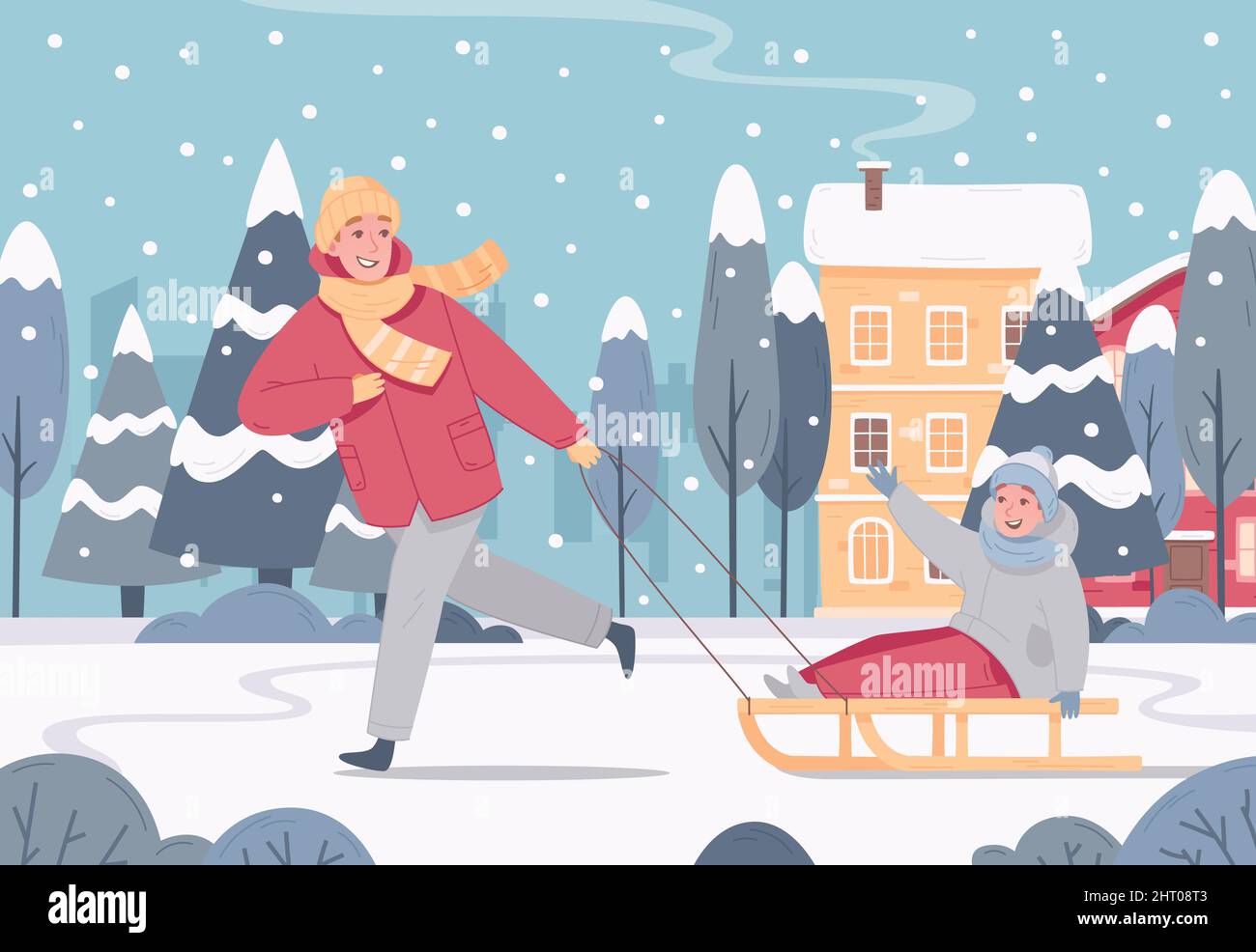 Winter sports leisure activity cartoon composition with outdoor scenery ...