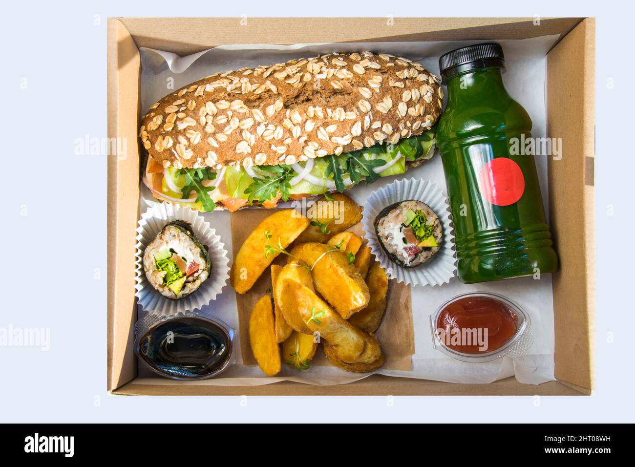 Georgian lunch box view, meat and potatoes, sandwich in the box Stock ...