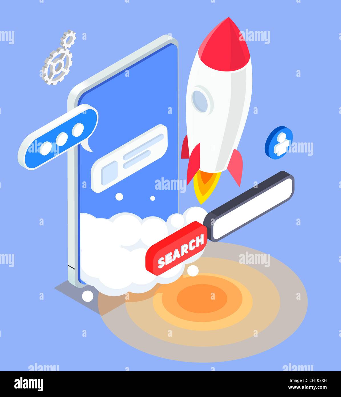 Isometric app store optimization concept with smartphone rocket search ...