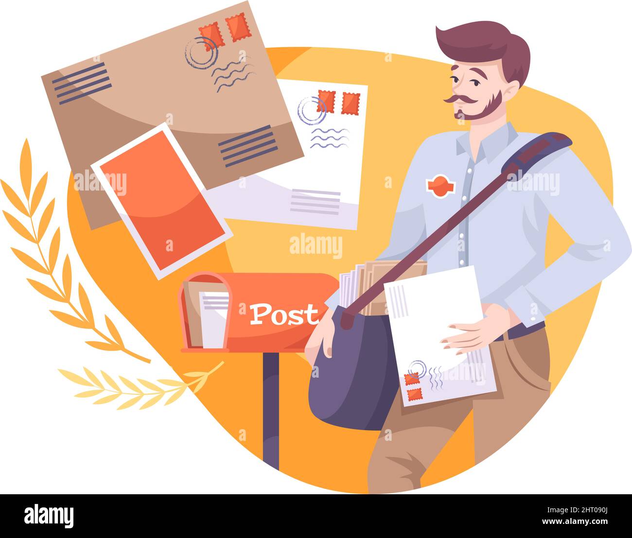 Flat composition with male postman and letters in envelopes vector ...
