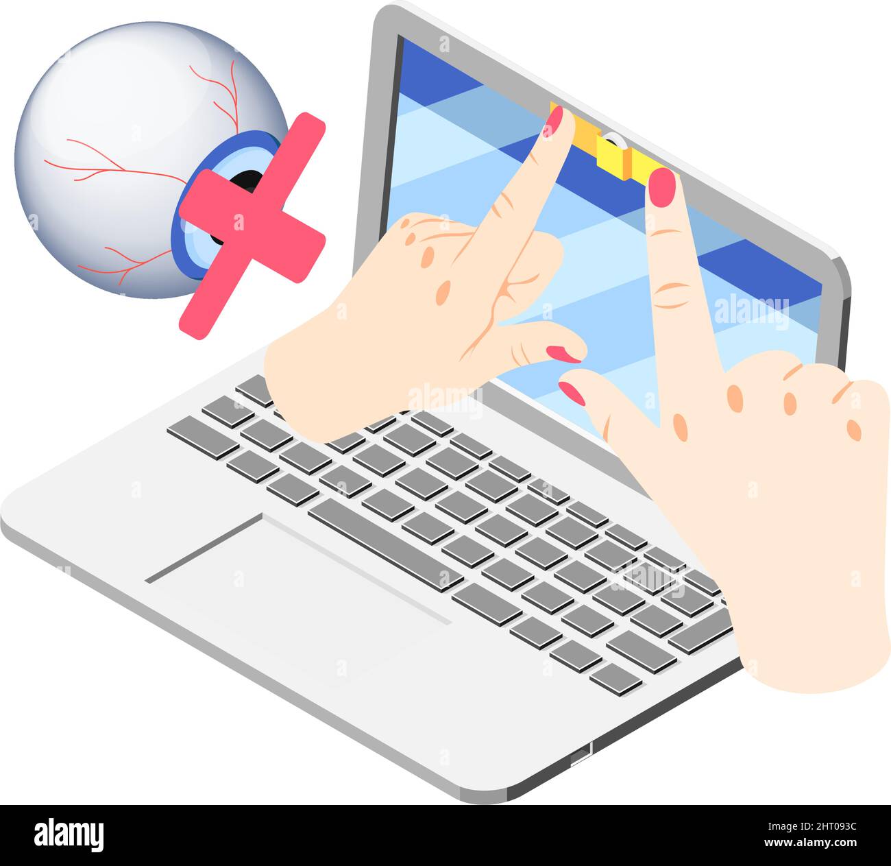 Isometric concept of privacy protection with sticker on laptop camera ...