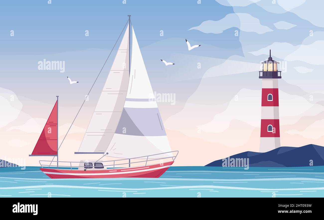 Yachting cartoon composition with view of water bay and sailing small ...