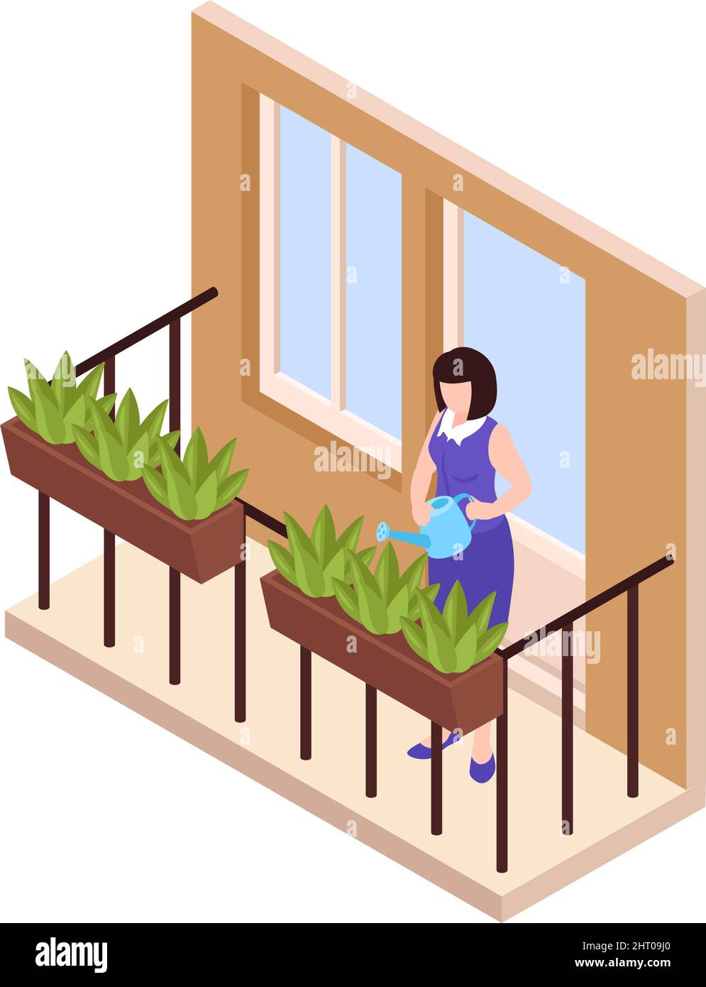 Isometric neighbor icon with woman watering green plants on her balcony ...