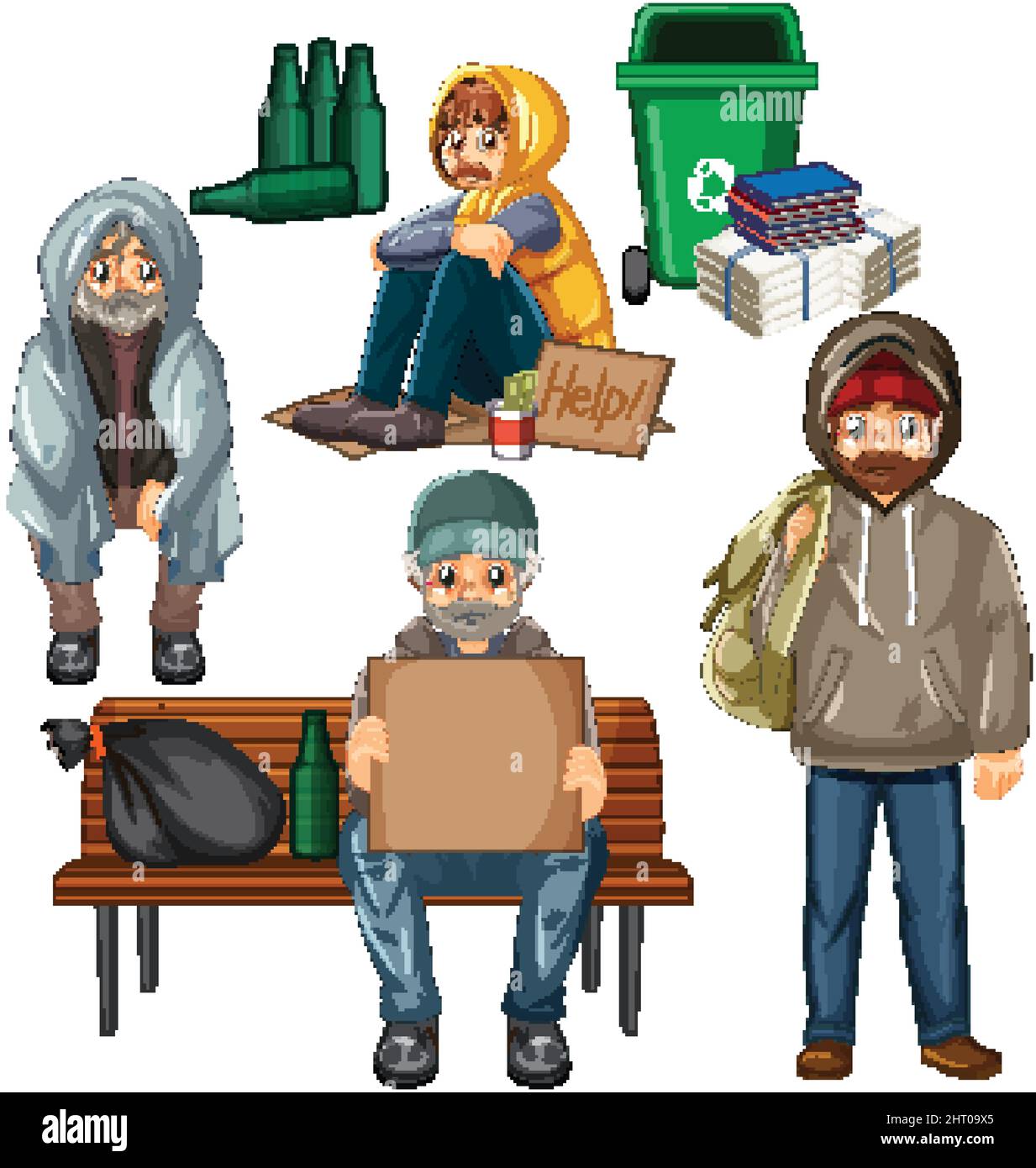 Set of homeless man in different poses illustration Stock Vector Image ...