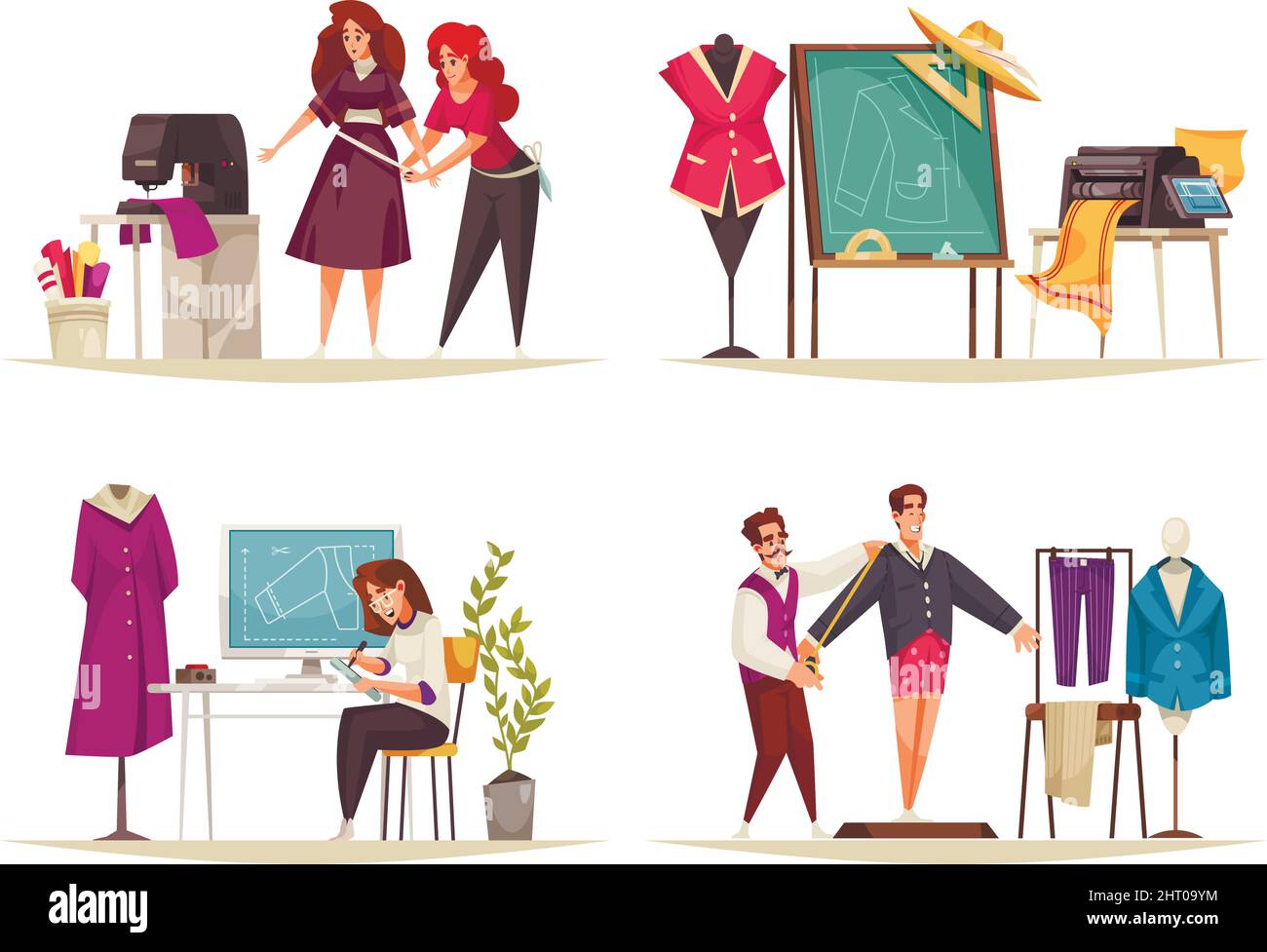 Set of four cartoon compositions with atelier tools tailor seamstress ...