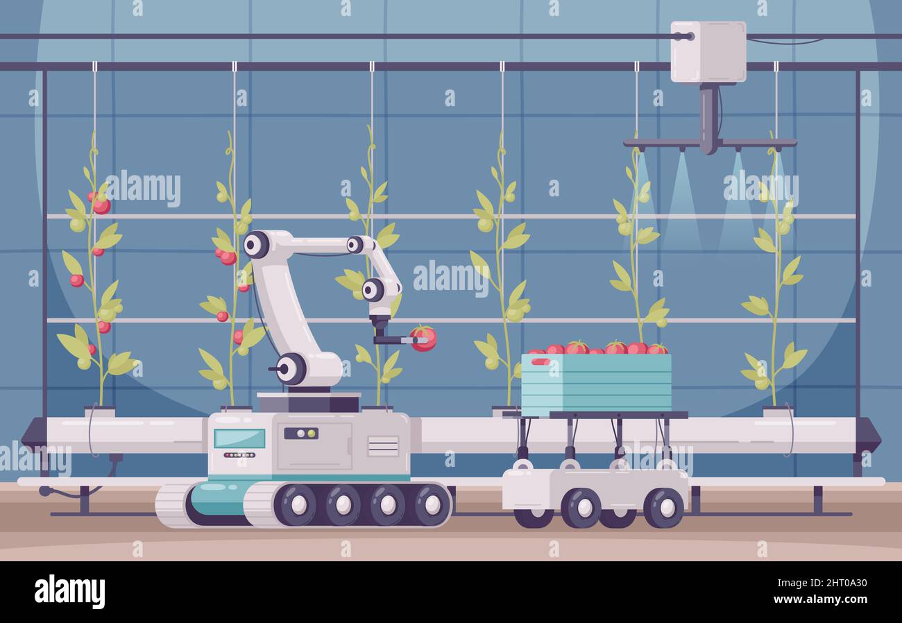 Smart farming cartoon composition with indoor view of hothouse with ...