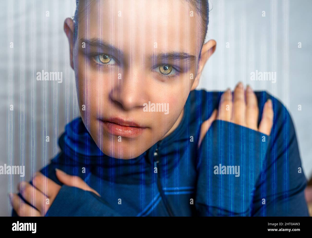 Woman with bionic cyborg eye fantasy future high tech image with data ...