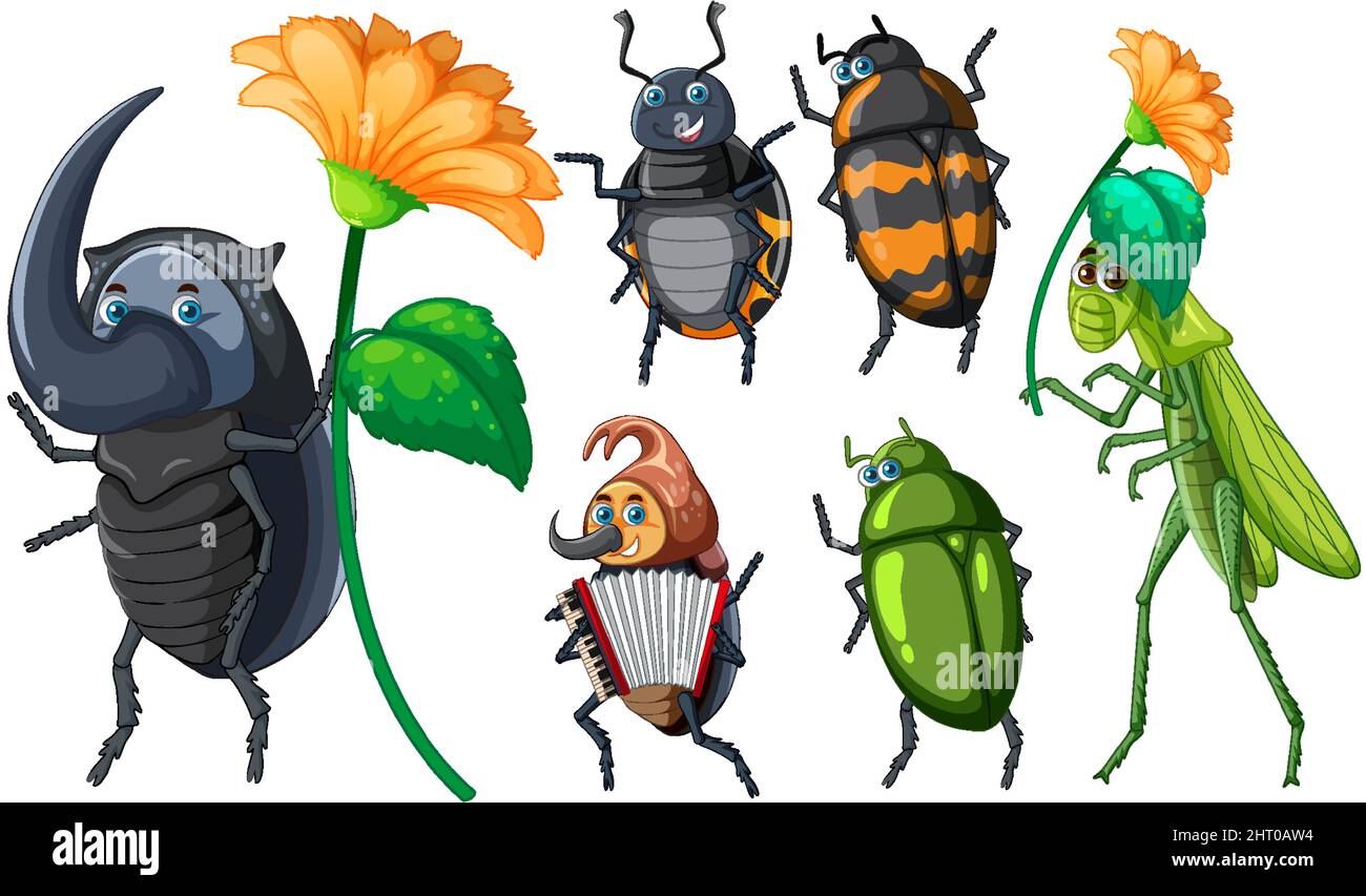 Set of different insects and beetles in cartoon style illustration ...