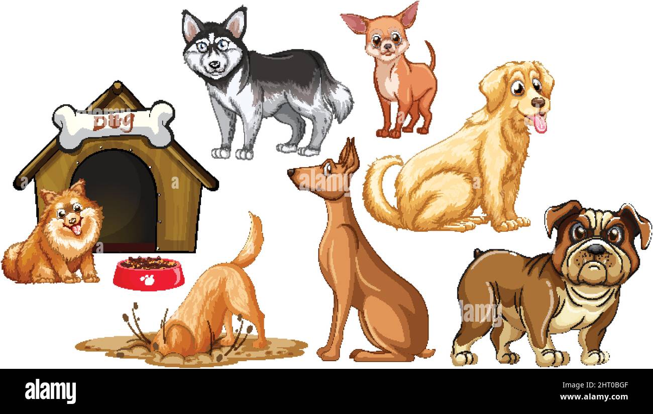 Set of different cute dogs in cartoon style illustration Stock Vector ...