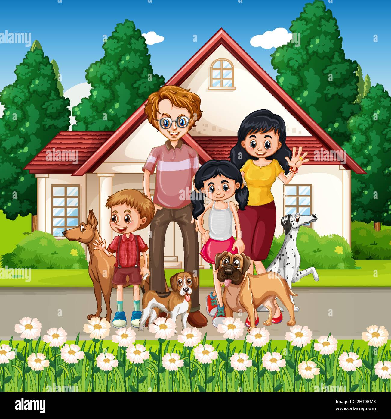 Outdoor scene with happy family and dogs illustration Stock Vector ...