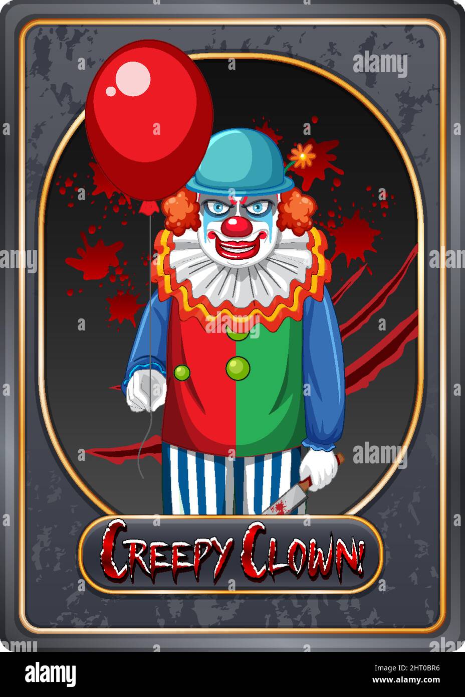 Creepy clown holding balloon character game card template illustration ...
