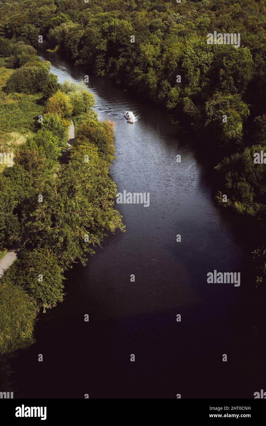 Aerial view of a white boat on the river Don in Doncaster, South ...
